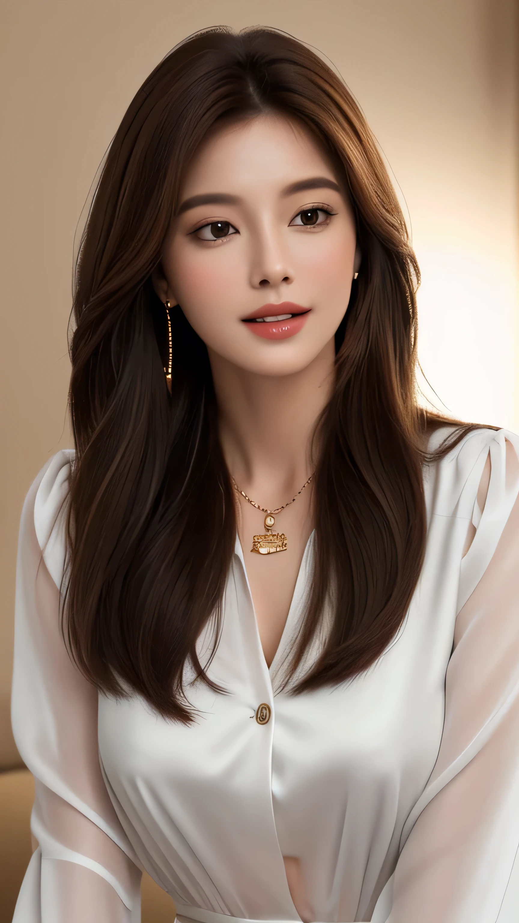 A woman with long hair and a white shirt posing for a picture - SeaArt AI