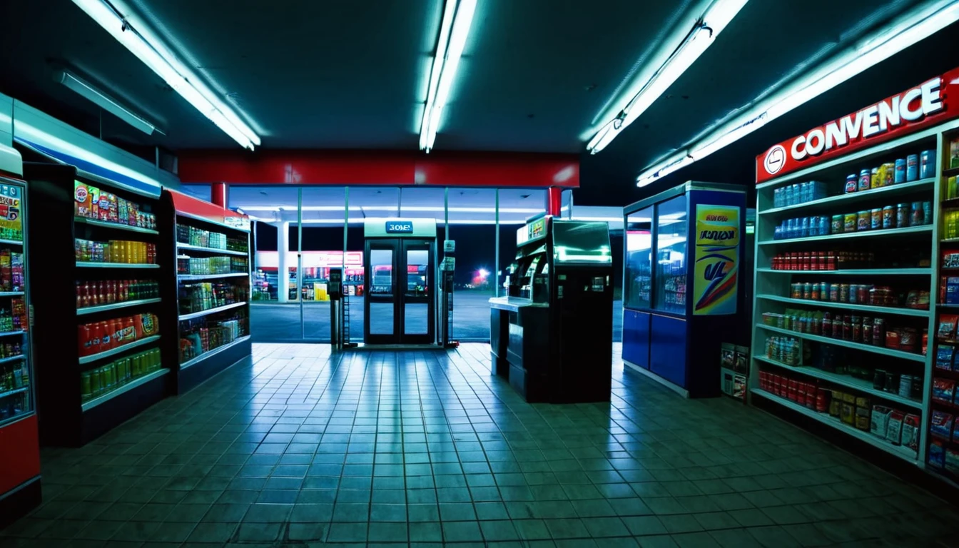 First person view inside a gas station convenience store, ominous night ...