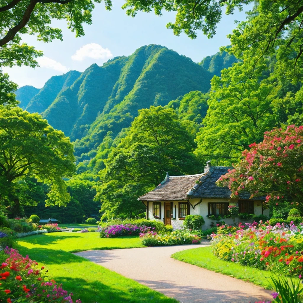 "Small village landscape、A tranquil park scene with lush greenery and ...