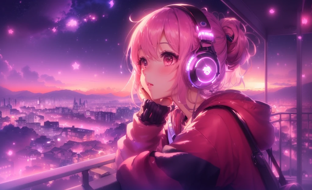 Anime girl wearing headphones and looking at the night city, Anime ...