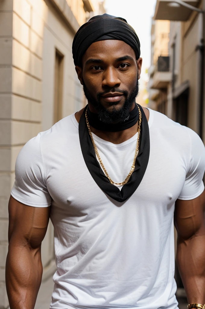 Black man, buff, muscular, healthy, in his 30's, black bandana - SeaArt AI
