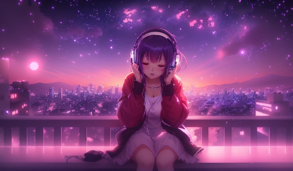 Night、Anime girl listening to music on the rooftop, Nightcore - SeaArt AI