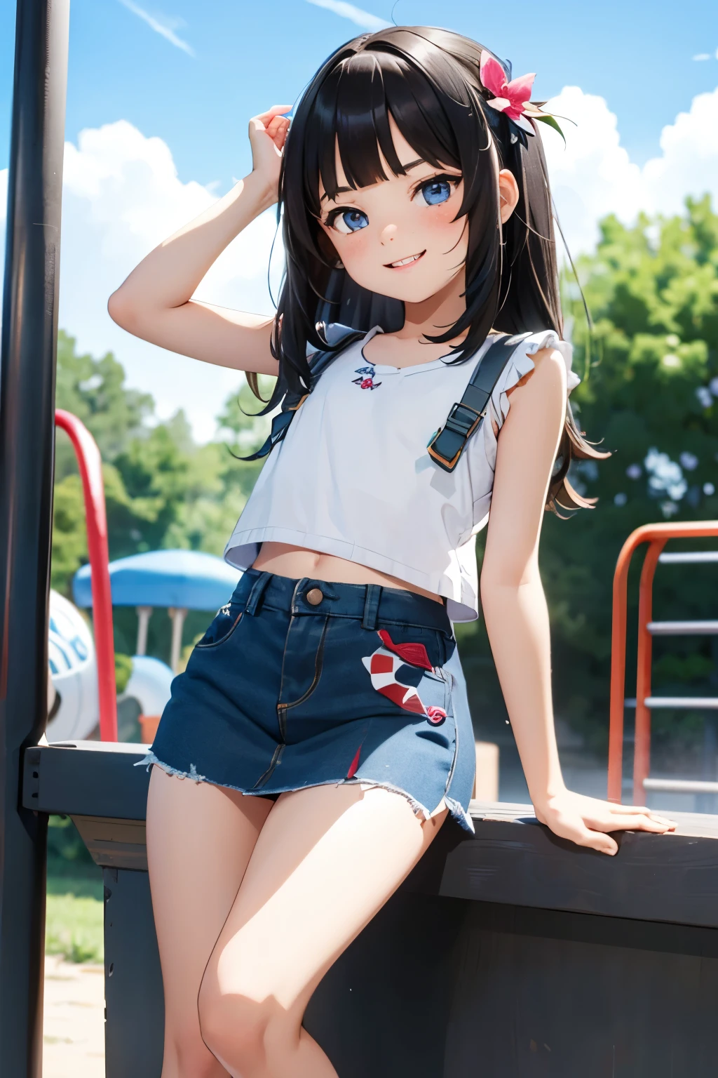 A woman in a short skirt and a white top posing for a picture - SeaArt AI