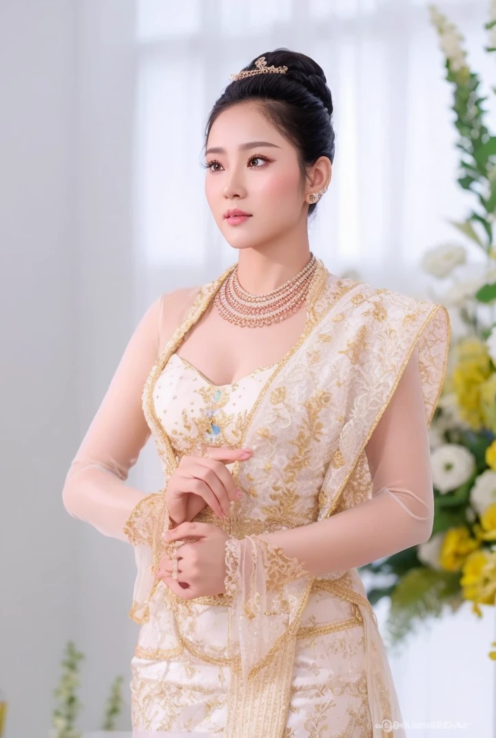 Myanmar outfit ,high quallity realistic photo,1girl, yellow sleeves ...