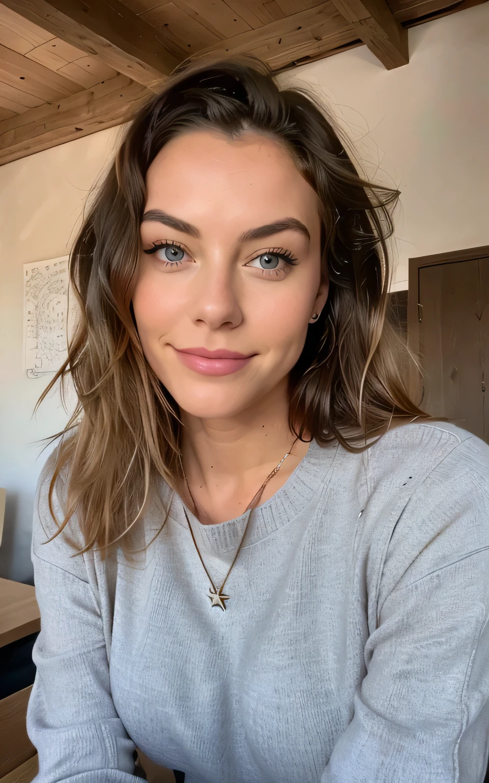 A woman with long hair and a grey sweater sitting at a table - SeaArt AI