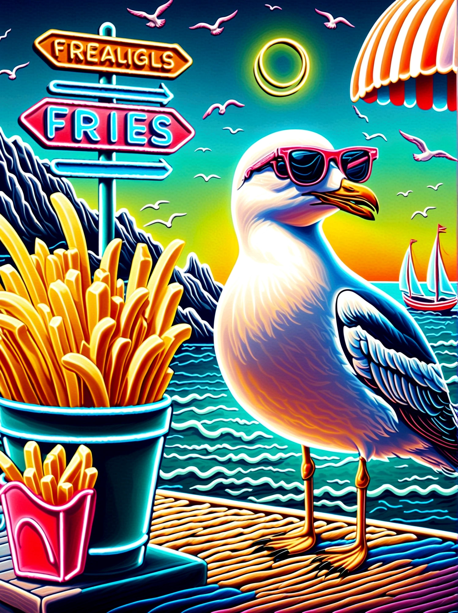 Neon，Shop sign，Dock scene，Chip Shop，sailboat，Cool seagull wearing ...