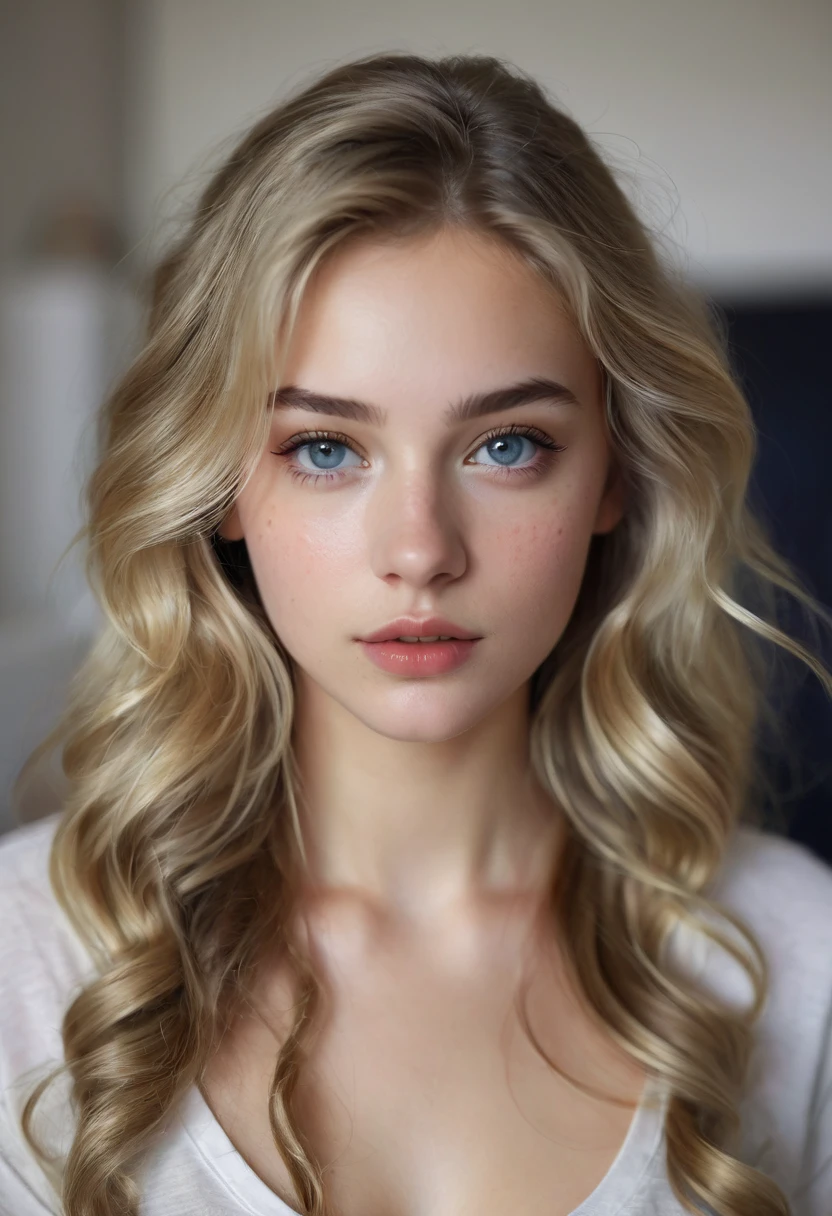 Create the portrait of a 21-year-old woman, in her room, long hair ...