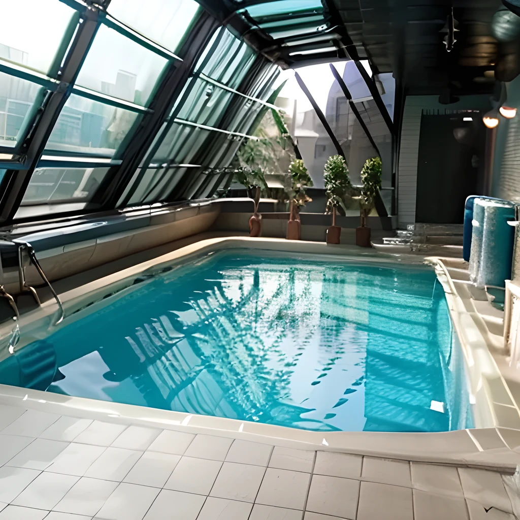 There is a large indoor swimming pool in a building - SeaArt AI