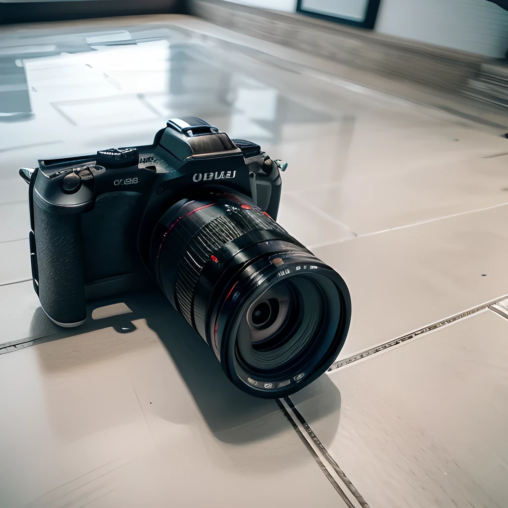 A close up of a camera on a tiled floor with a lens - SeaArt AI
