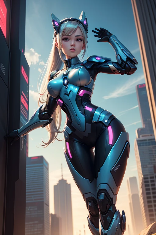 Woman in a futuristic suit standing in a futuristic city, Girl wearing ...