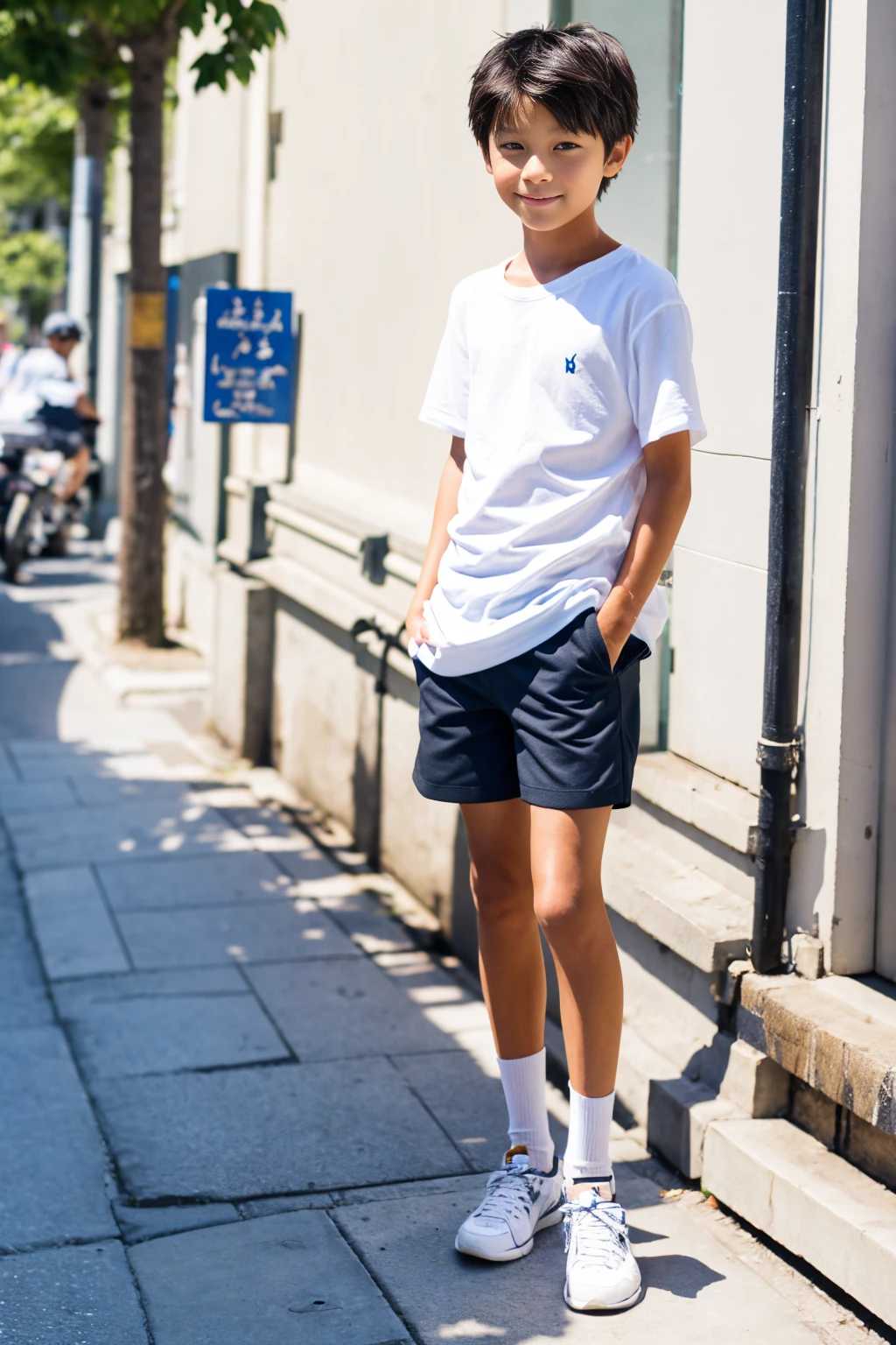 A tanned 11-year-old Japanese boy modeling for a full-body photo shoot ...