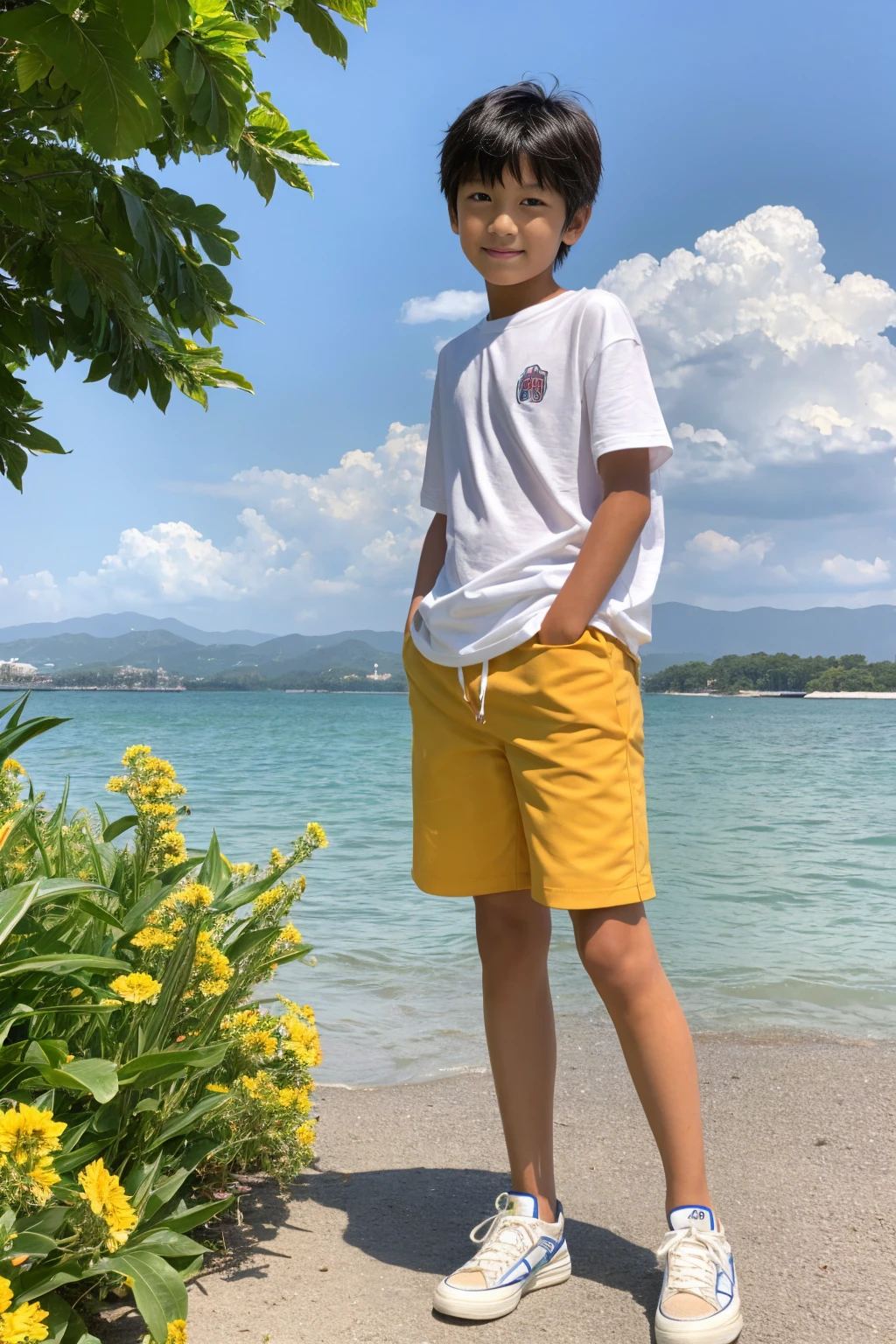 A tanned 11-year-old Japanese boy modeling for a full-body photo shoot ...