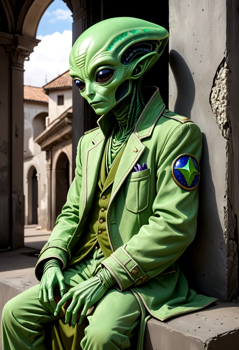 Green alien sitting on a toilet with a bag of cement - SeaArt AI
