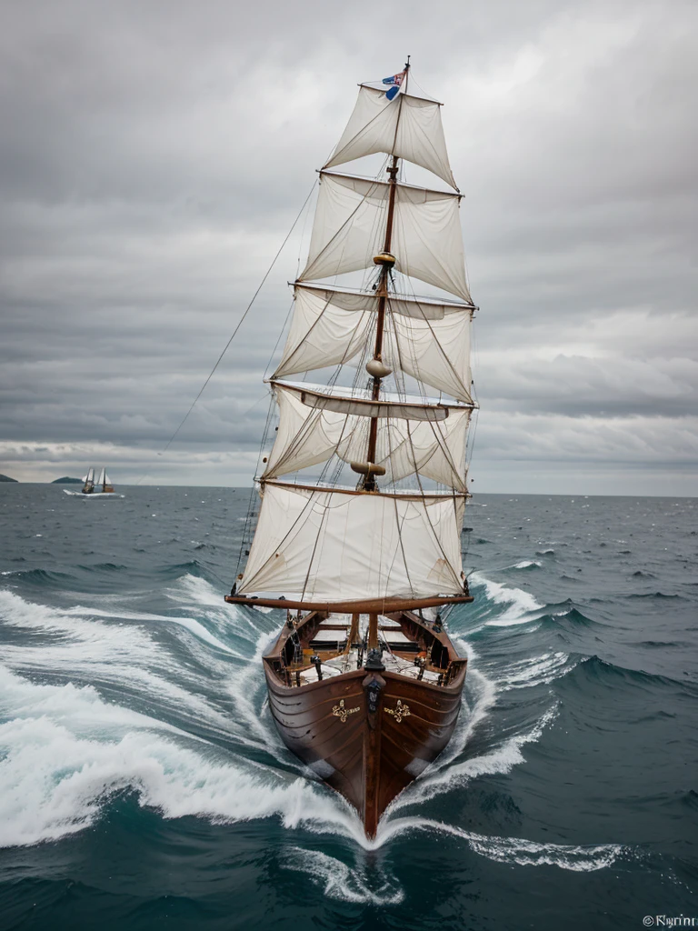 Viking ship sailing in heavy seas, crew rowing, sail at mast fully open ...