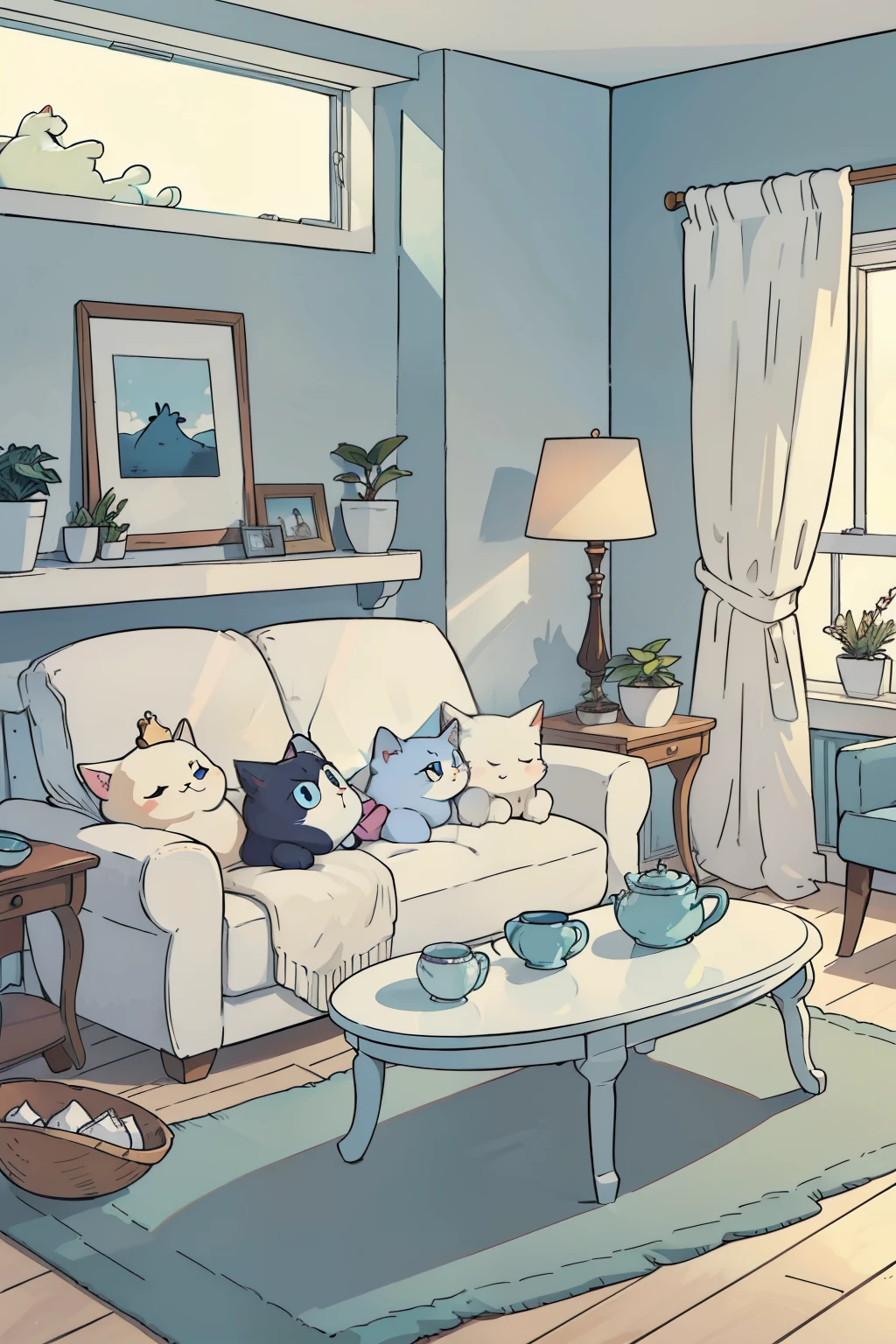 Cartoon of a living room with a couch - SeaArt AI