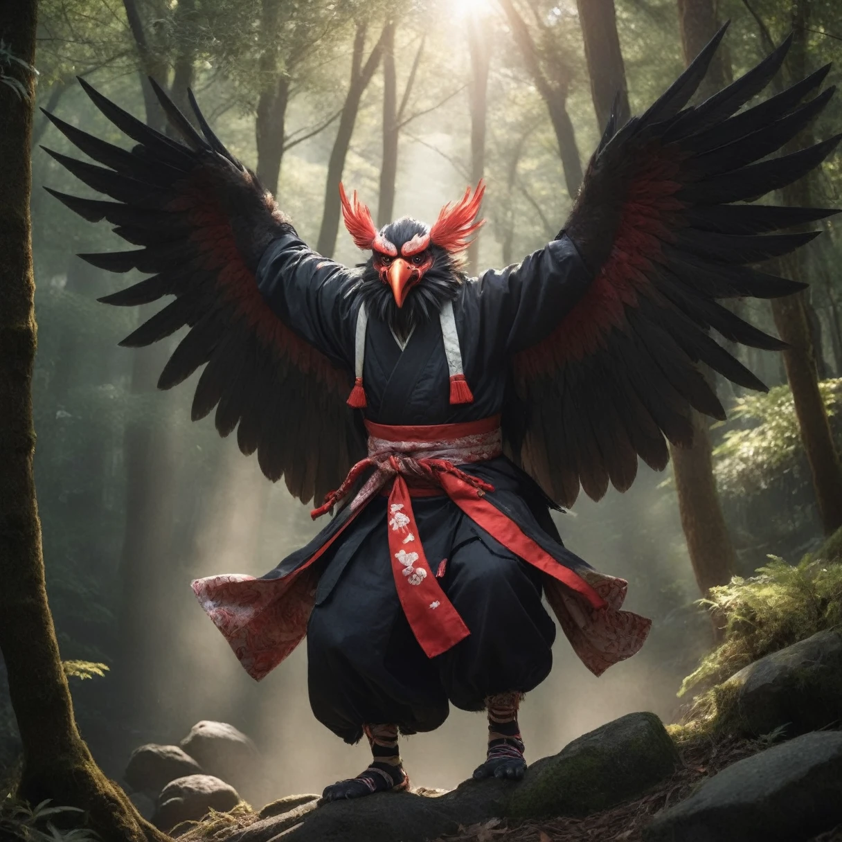 A realistic depiction of Tengu in a mountainous area with dense forest ...