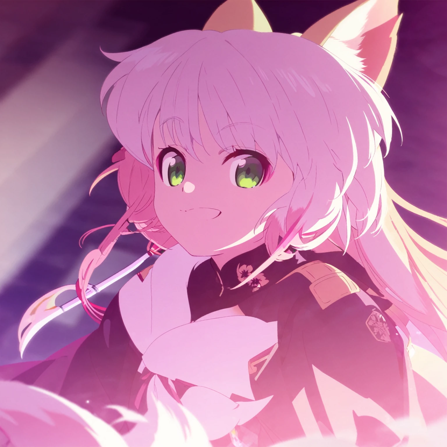 A young kitsune girl, beautiful detailed green eyes, long bicolor pink ...