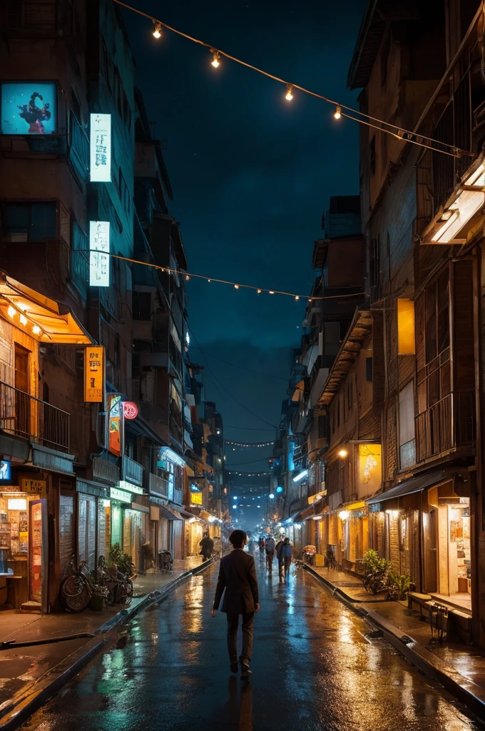 A night scene in a slum, illuminated by streetlights. The streets are ...