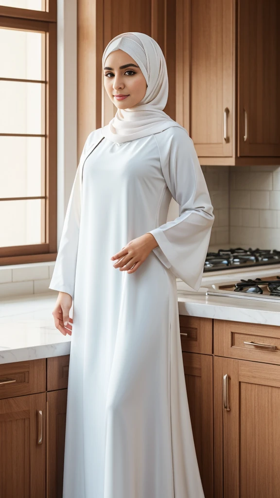 Woman in white hijab, abaya dress, standing in the kitchen, facing to ...