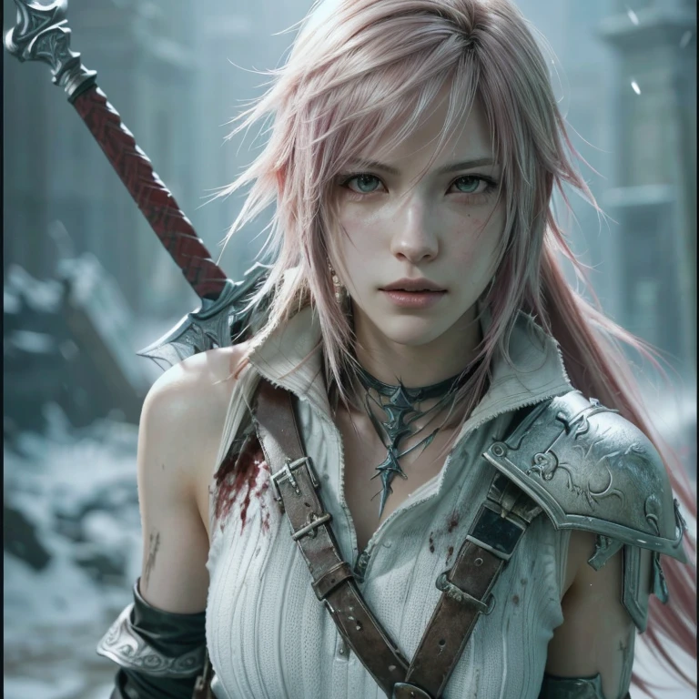 A close-up of a person with a sword and a bloody face, final - SeaArt AI