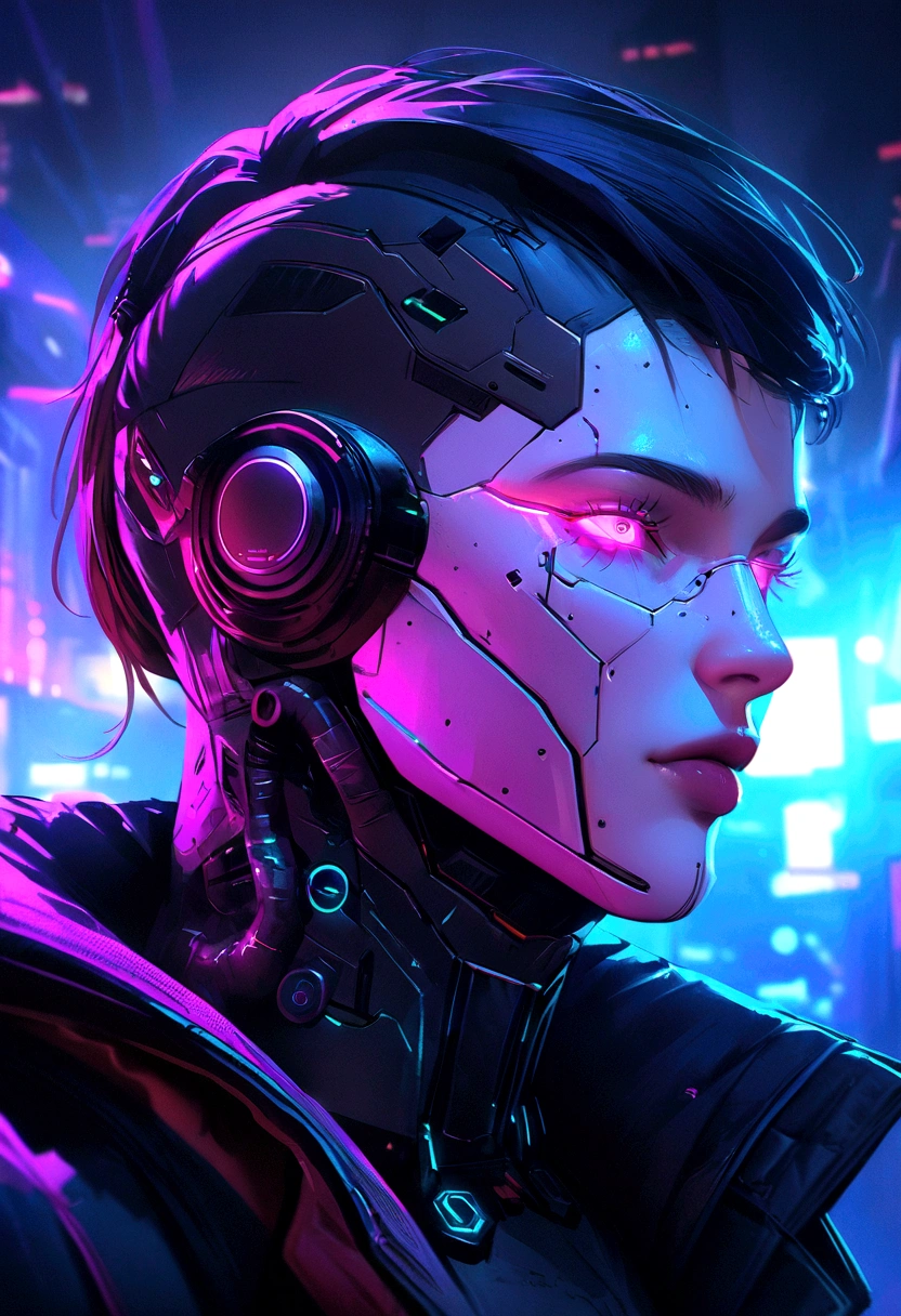 A closeup of a man with a futuristic head and glowing face, cyberpunk ...