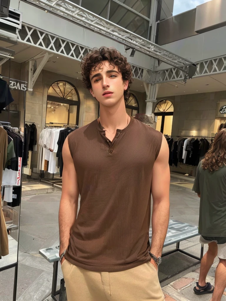 Arafed man standing in a clothing store wearing a brown shirt - SeaArt AI