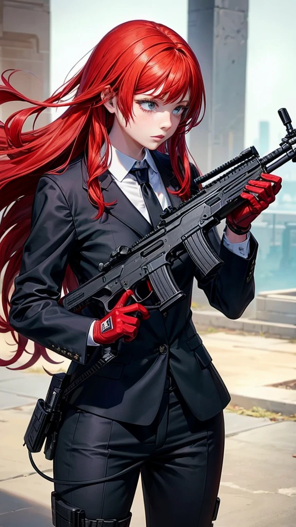 Make a red-haired girl in a black suit standing with an assault rifle ...