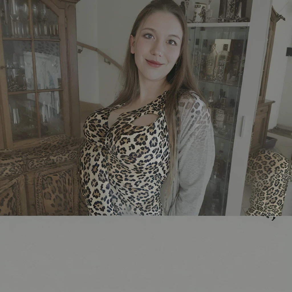 Araffe woman in leopard print dress standing in front of a mirror - SeaArt AI