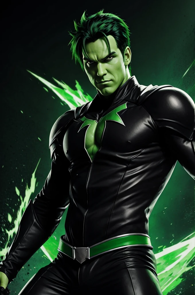 Spawn a green guy with a black suit and green hair - SeaArt AI