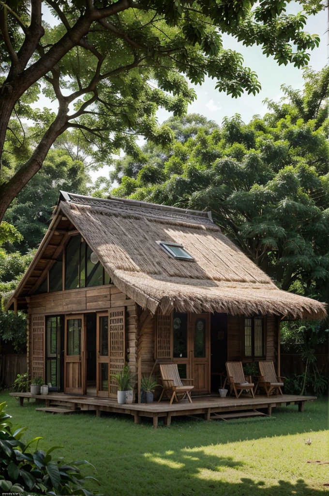 Prompt: hyper realistic photo, a very simple wooden hut but, there is a ...
