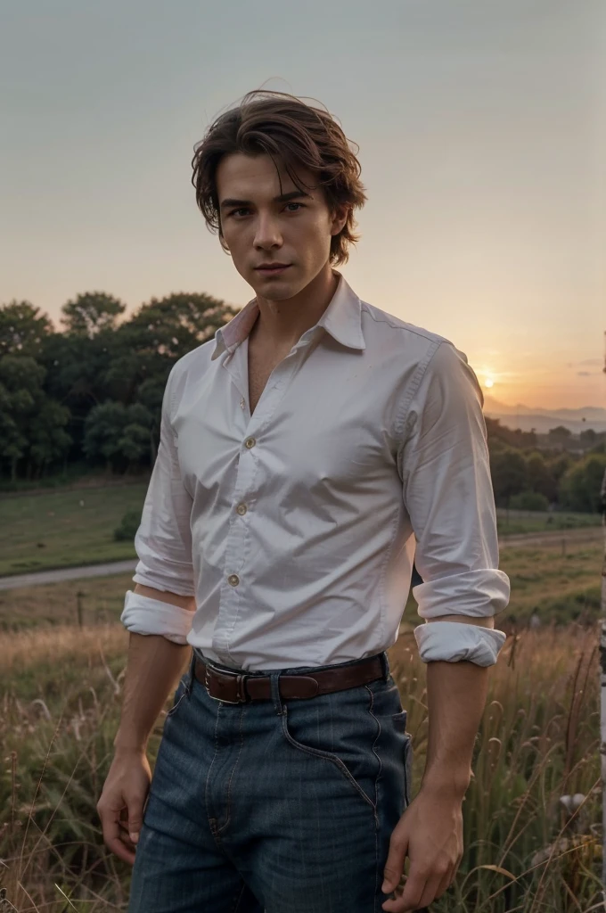 Draw a young man dressed in a stylish, slightly worn suit, reminiscent ...