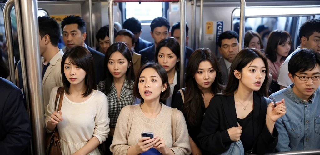 Feeling facial expression、crowded train、Light clothing - SeaArt AI