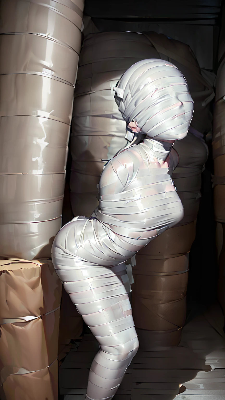 Arafed woman in a white bodysuit standing in a room with stacks of plastic wrapped around her ...