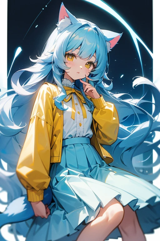 Light blue, slightly long curly hair、Cat ear、Yellow Eyes、White blouse ...