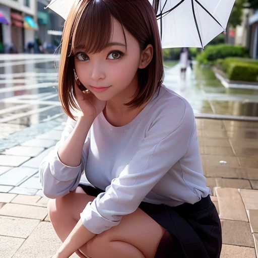 Heavy rain:1.2、Holding a transparent umbrella、A girl crouching on the ...