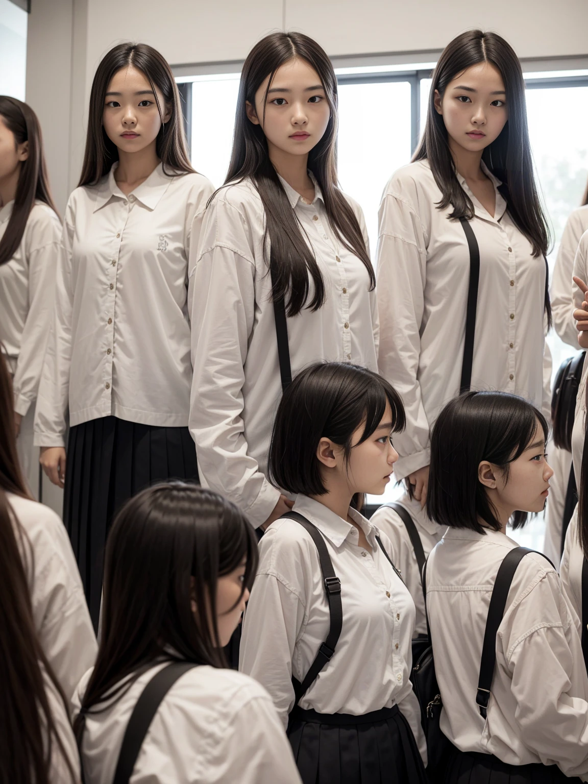 A group of 10 female students standing in a row、Women's dormitory ...