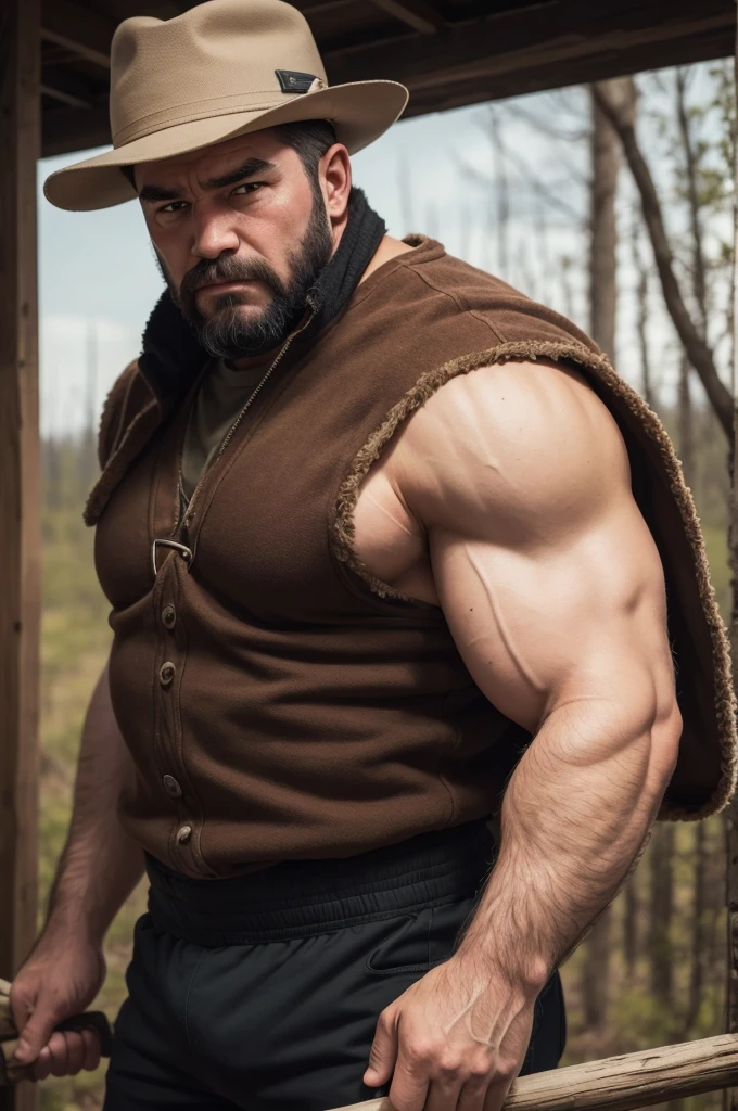 Strong man, hunter with a hat made from a bear's head and a panther ...