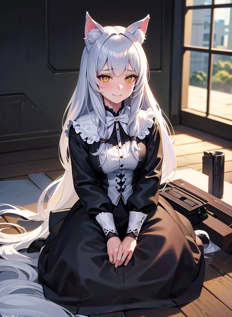 1girl, solo, catgirl, yellow eyes, gray cat ears, gray fluffy cat tail ...