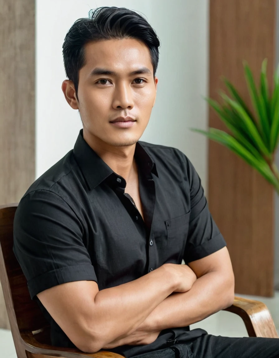 A handsome Indonesian man, 30 years old, with short hair, wearing a ...