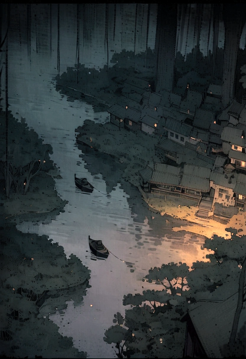 Overhead view of weatheredtown set in a swamp, thick willow trees line ...