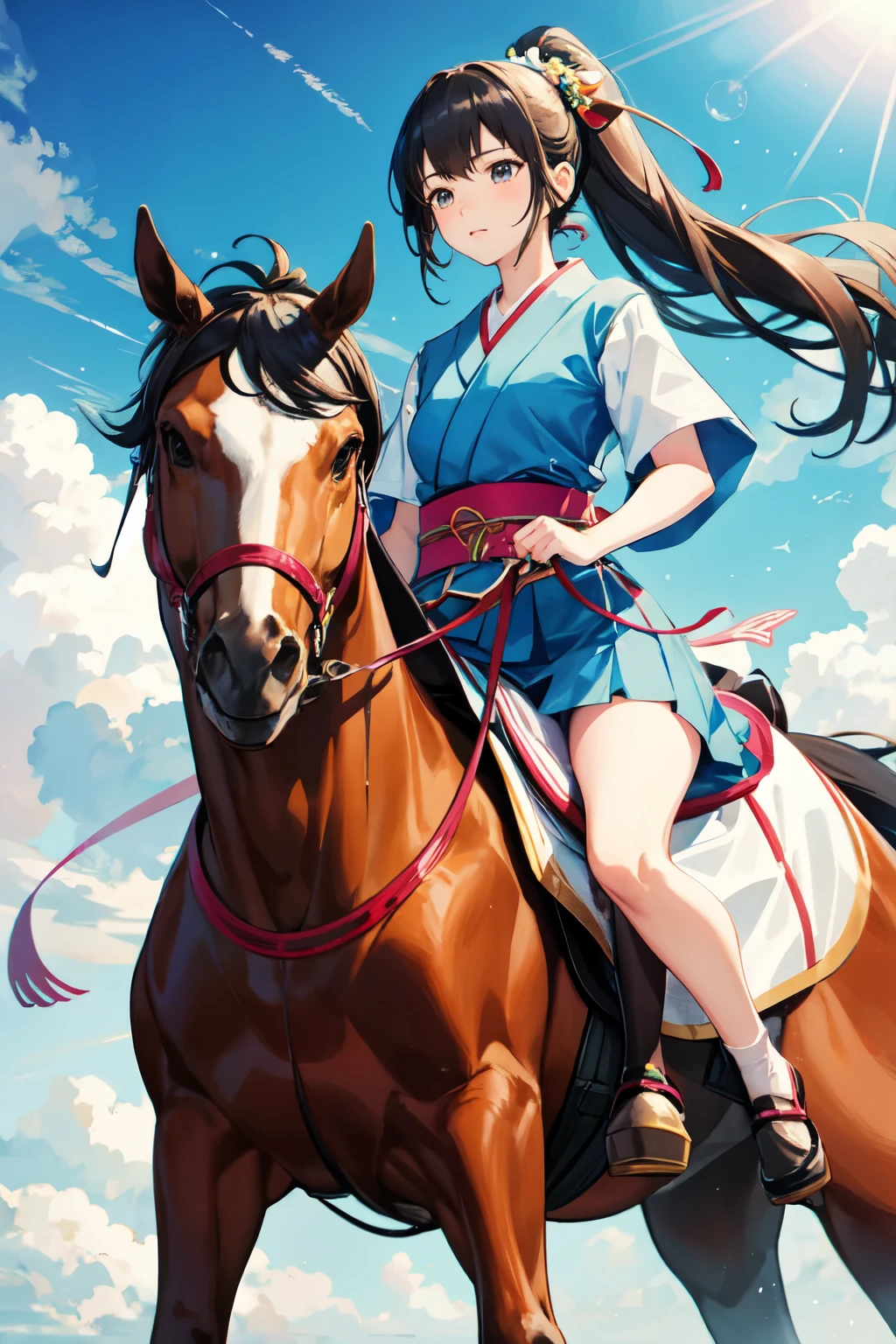 Anime girl riding a horse with a sun in the background - SeaArt AI