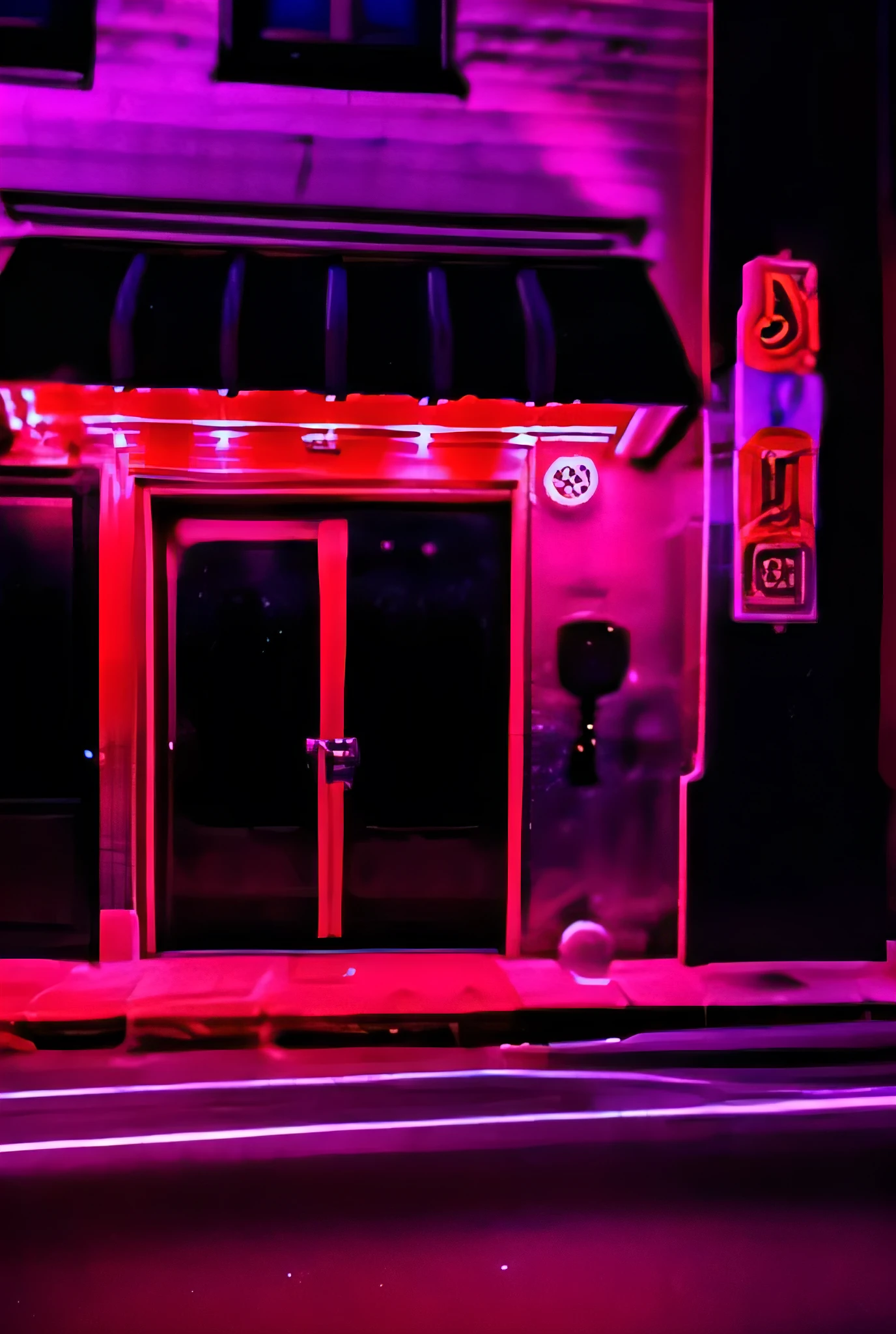 Purple neon lights illuminate a building with a sign that says the bar ...