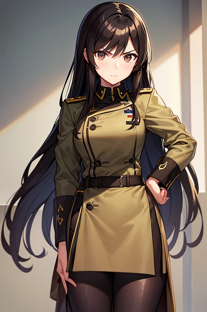 Content: A black, adult female general with long brown hair and brown ...