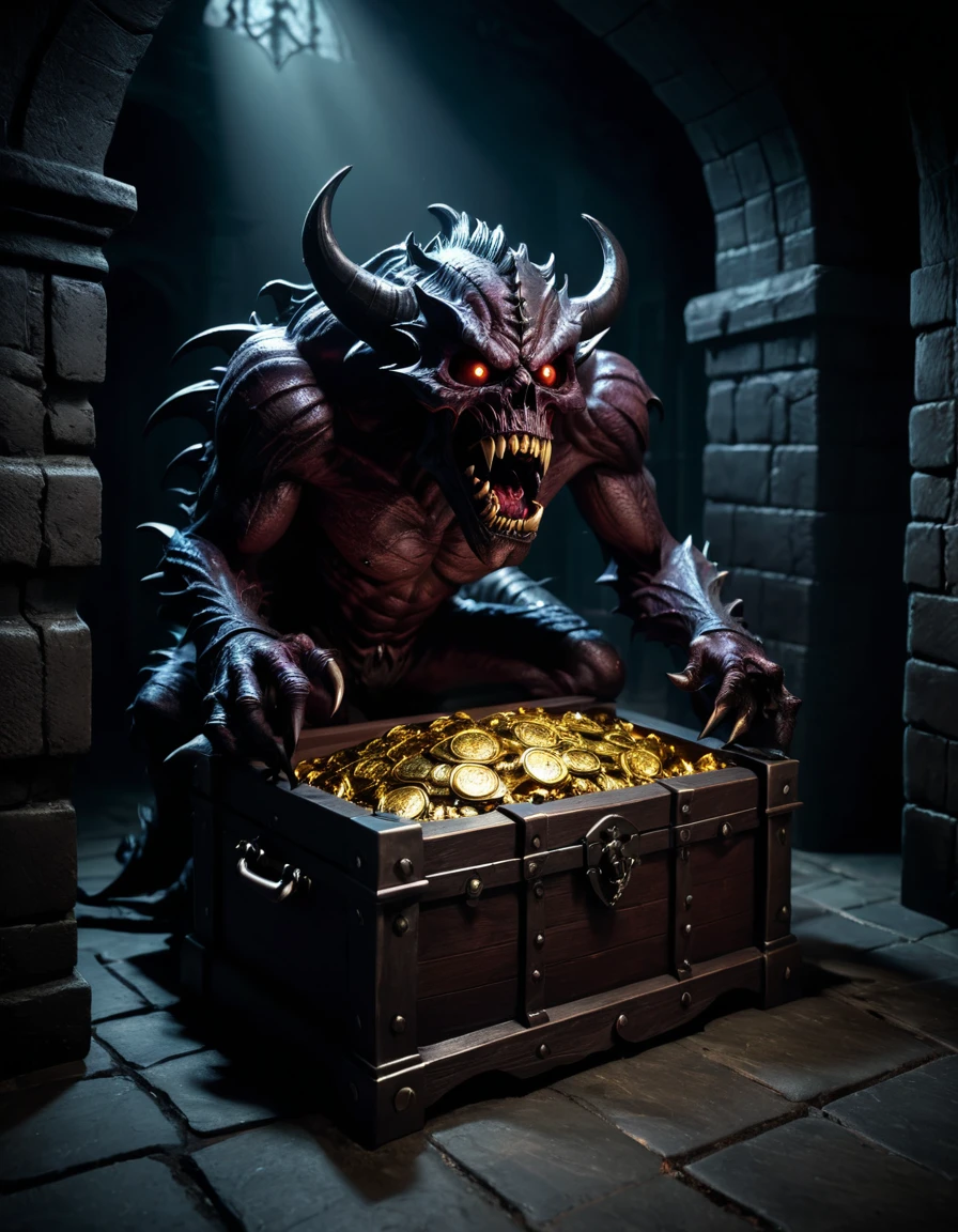 A demonic monster disguised as a treasure chest in a dark dungeon ...