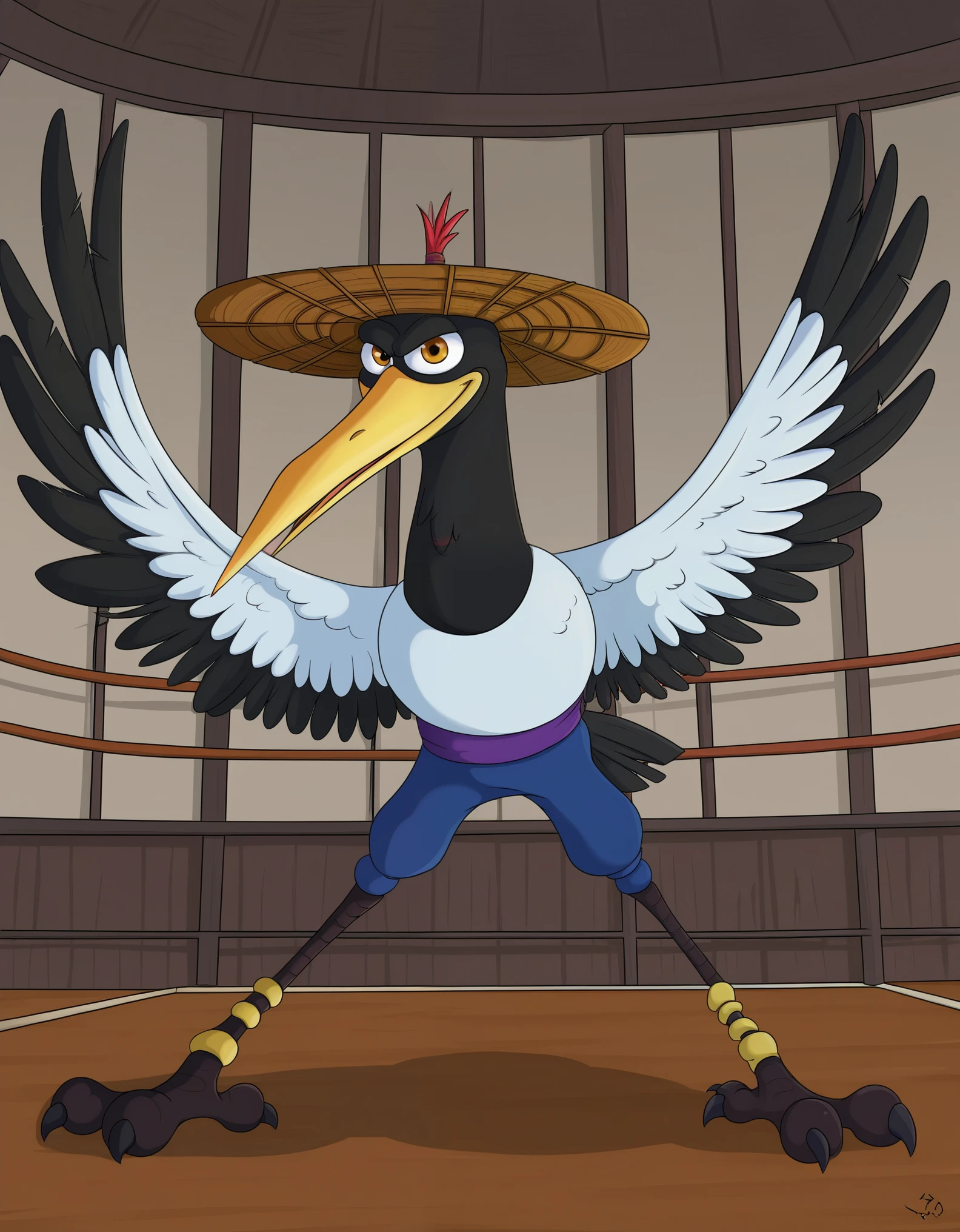 1boy, mastercr4ne, crane, no humans, bird, talons, solo, pants - SeaArt AI