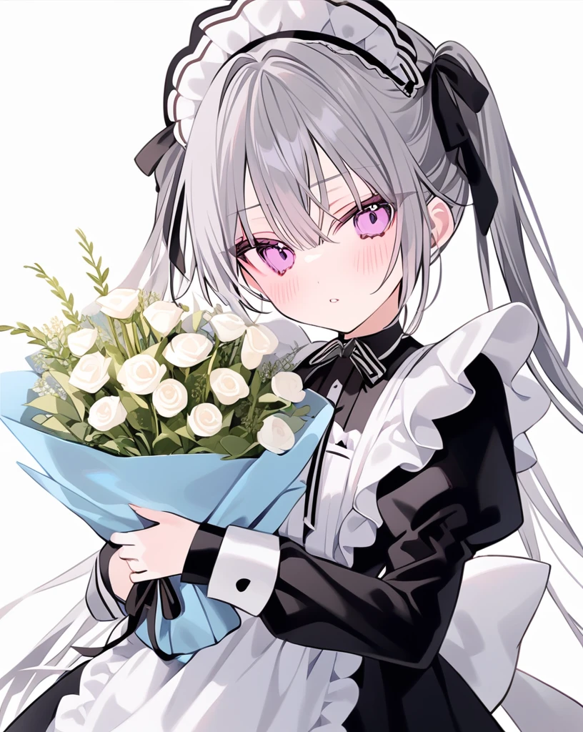 Rurudo, 1girl, solo, flower, bouquet, purple eyes, maid headdress ...