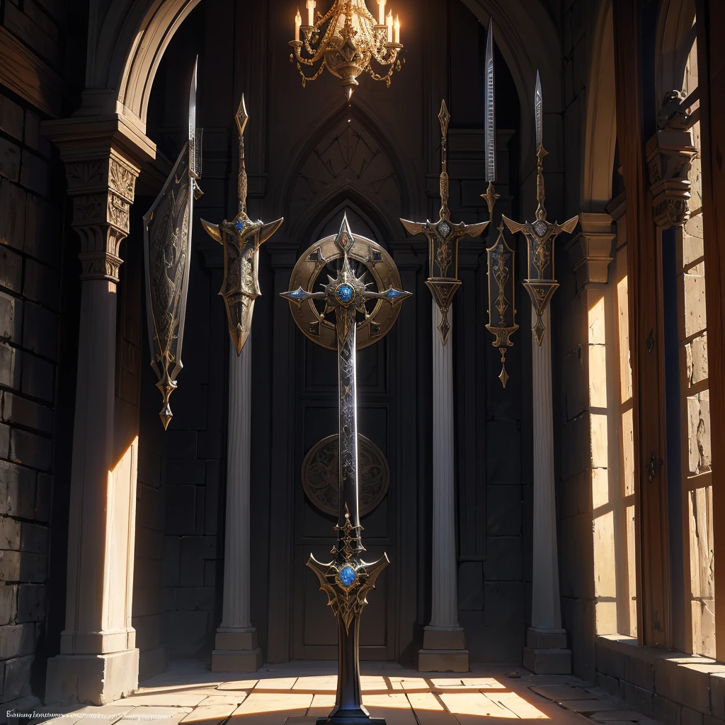 Create a scene of a dimly lit room adorned with medieval weapons ...