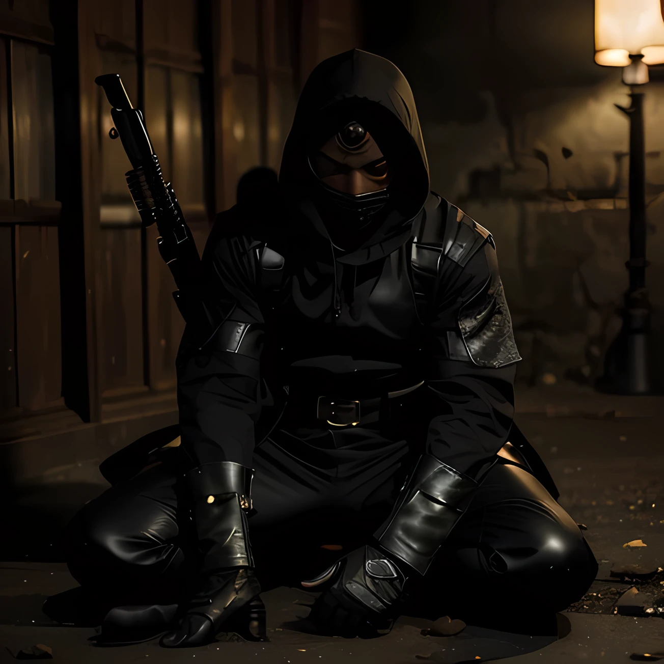Arafed man in a black outfit crouches down with a gun - SeaArt AI