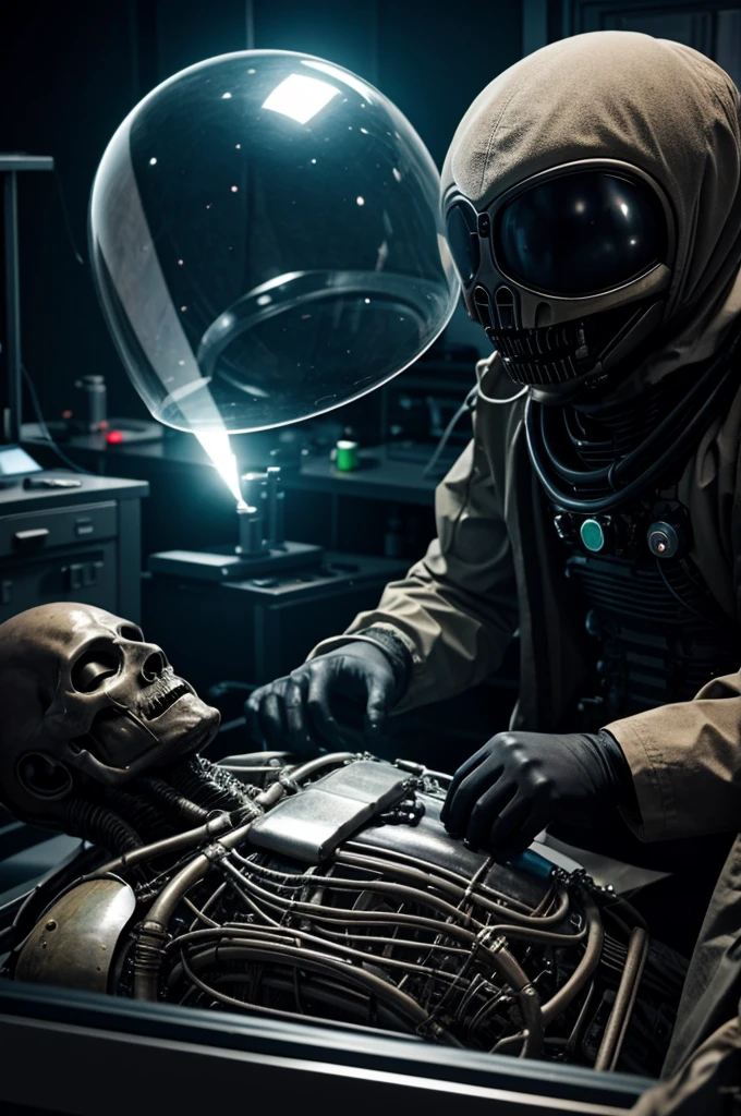 A Scientist in the lap and he's postmortem an Alien body - SeaArt AI