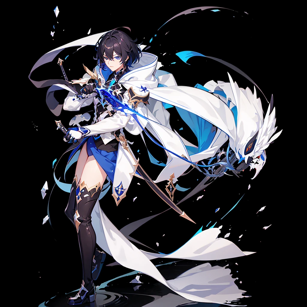 Honkai impact male black hair and blue eyes and swords - SeaArt AI
